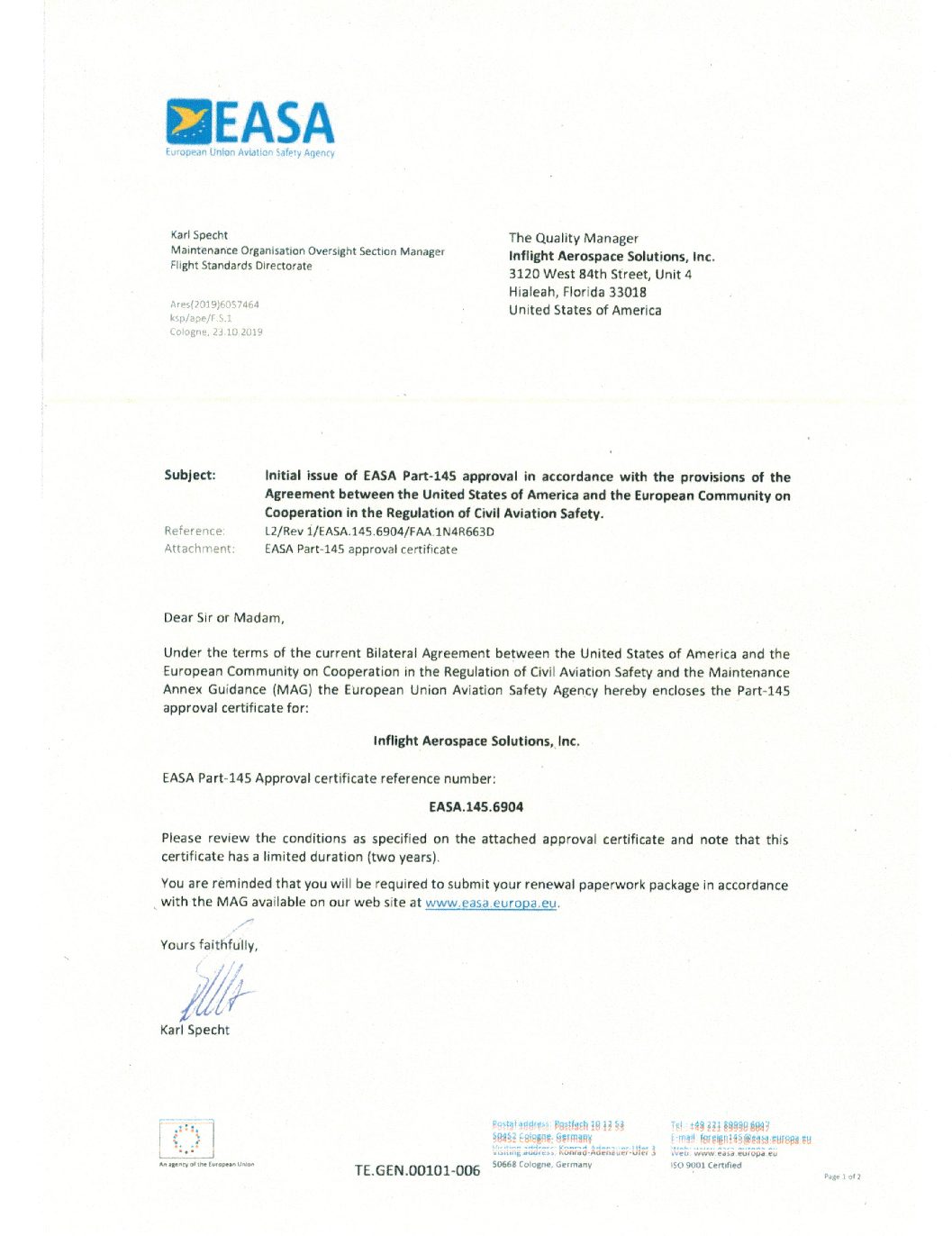 Certification | INFLIGHT AEROSPACE SOLUTIONS